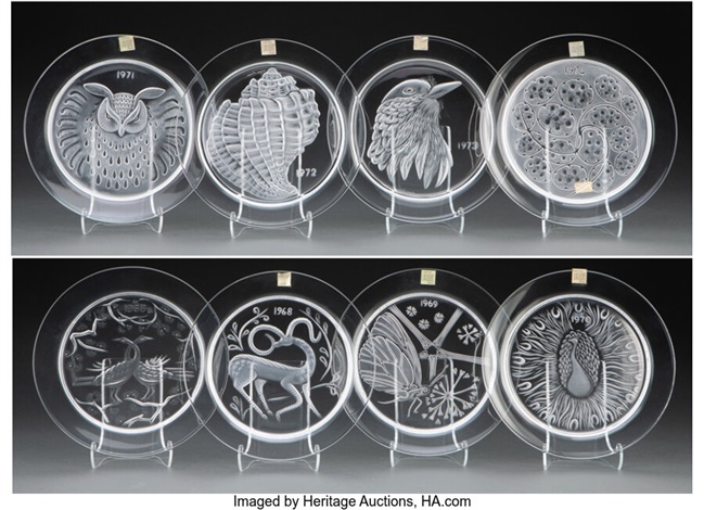 Group of Eight Lalique Clear and Frosted Glass Annual Plates by Lalique ...