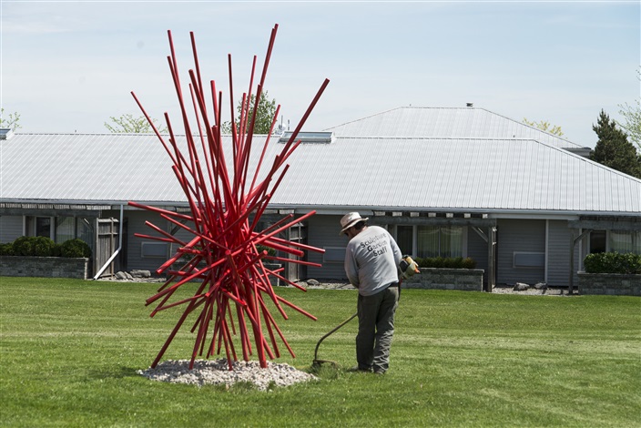 Full Tilt Red Series II - tall, geometric abstract, coated steel ...