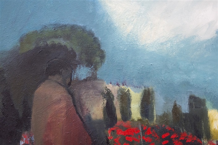 Stroll II - Large, green, blue, red, man and woman, figurative, oil by ...