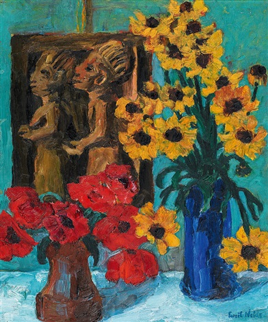 A Still Life of Flowers with a Wooden Sculpture by Emil Nolde on artnet