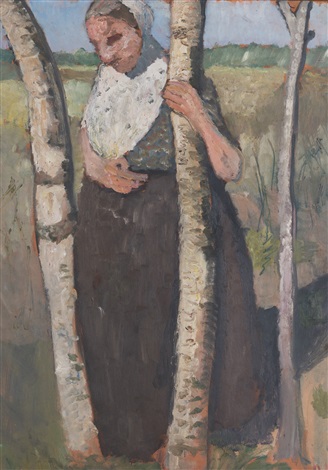 Bäuerin zwischen Birkenstämmen stehend Peasant woman standing amidst ...