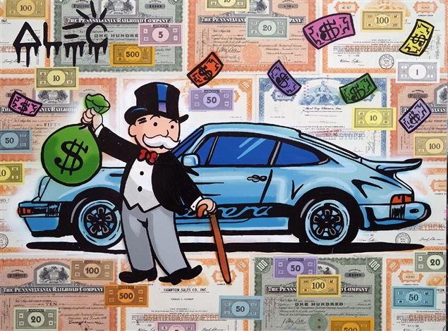 Monopoly Standing in Front of Blue Porsche by Alec Monopoly on artnet