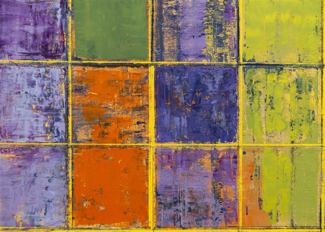 Kite - bold, bright, colorful, abstract, grid, modernist, oil on canvas by David Sorensen on artnet