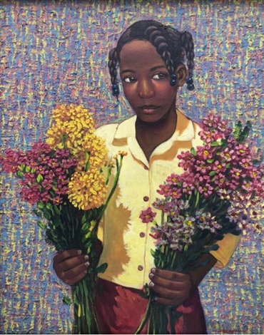 Naif Painting Girl with flowers by Jorge Salas on artnet