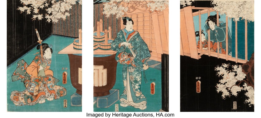 Mitsuuji Viewing Cherry Blossoms in the Yoshiwara triptych by Utagawa ...