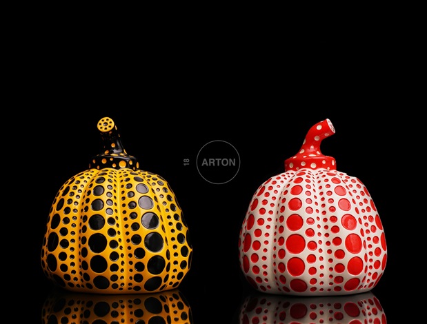 Pumpkin Set of Two, WhiteRed and YellowBlack Sculptures by Yayoi Kusama on artnet