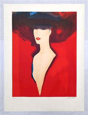 Elégante Femme Rouge au Chapeau Bleu Elegant Red Woman in Blue Hat by ...