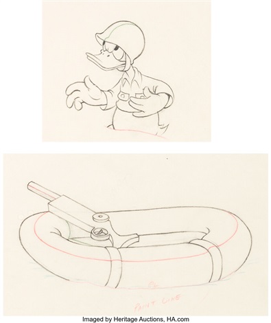 Commando Duck Donald Duck and Raft Animation Drawing Group of 2 Walt ...
