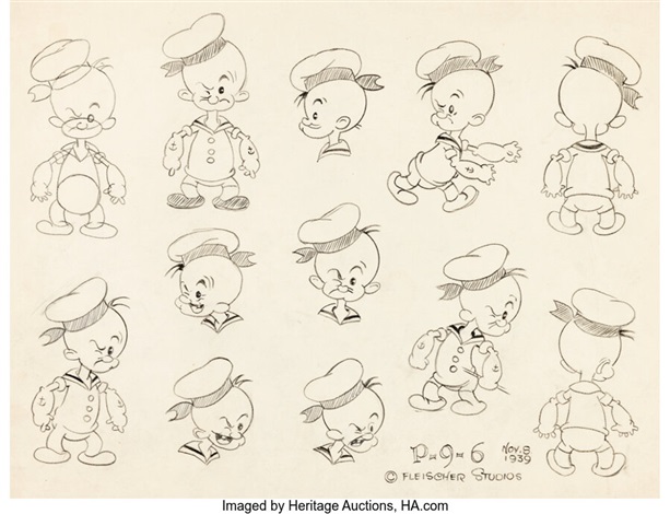 Popeye Popeyes Child Original Character Sheet Drawing and Wimpy Model Sheet Fleischer Studios, c ...