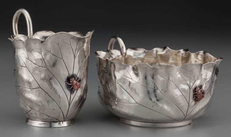A Shiebler Silver and Mixed Metal Leaf-Form Sugar and Creamer, New York ...