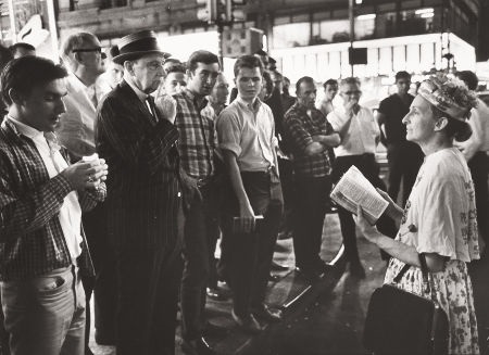 Street corner evangelist Rosie preaching at Broadway 45th St. NYC by ...