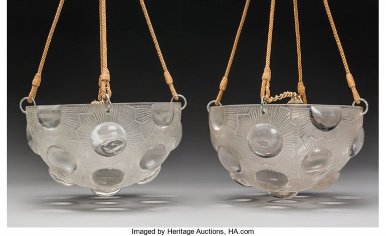 Pair of R. Lalique Frosted and Clear Glass Soleil Ceiling Lamps by René ...