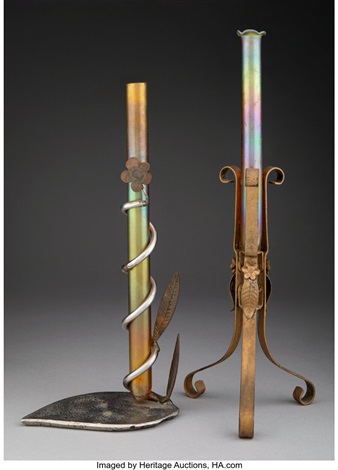 Quezal, Two Soliflore Vases with Stands, circa 1905 by Quezal (Co.) on ...