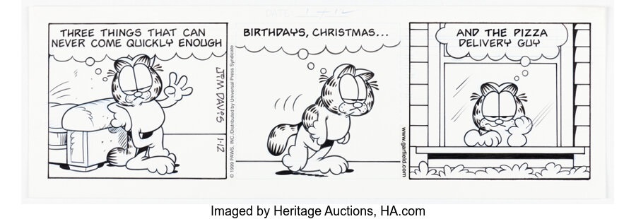 Jim Davis Garfield Daily Comic Strip Original Art dated 1-12-99 PAWS ...