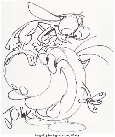 The Ren Stimpy Show Ren and Stimpy Ink Sketch on Canvas Original Art Signed by John Kricfalusi ...