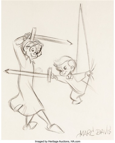 Peter Pan Rare John and Michael Darling Animation Drawing Signed by ...