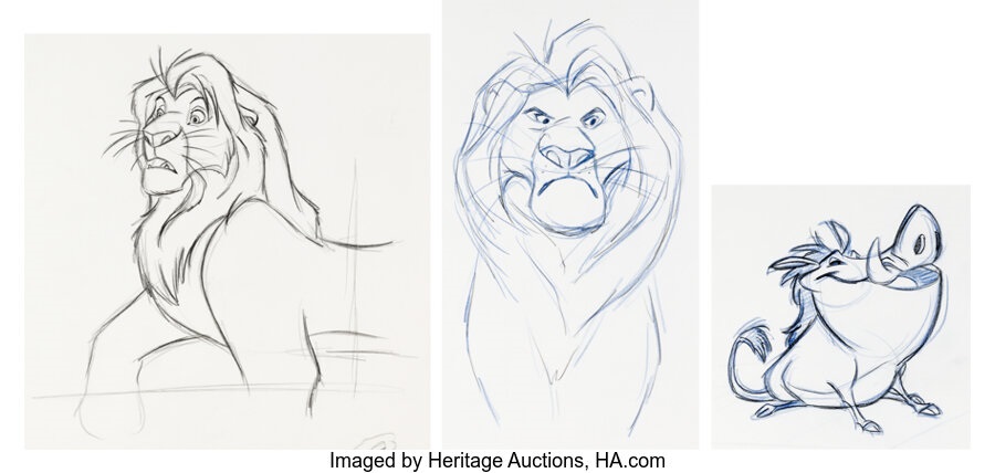 The Lion King Simba, Mufasa, and Pumbaa Animation Drawing Group of 3 ...