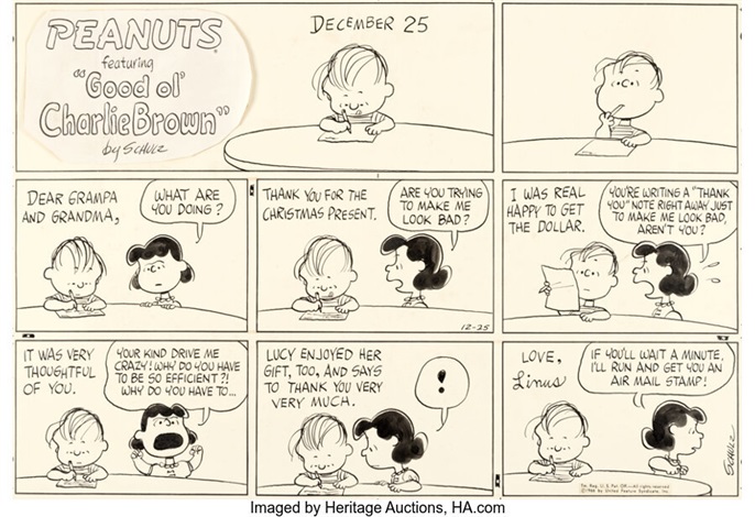 Charles Schulz Peanuts Christmas Sunday Comic Strip Lucy and Linus ...