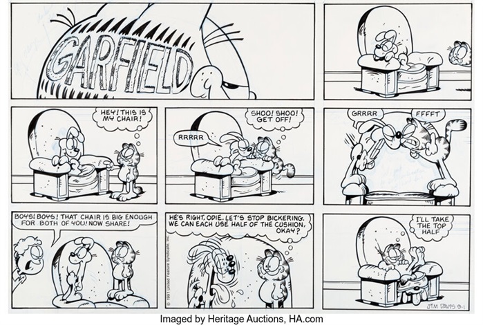 Jim Davis Garfield Sunday Comic Strip Original Art Dated 9-1-91 United ...