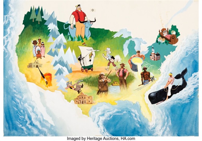 Walt Disney Presents Legends of America USA Map Title Page Illustration ...